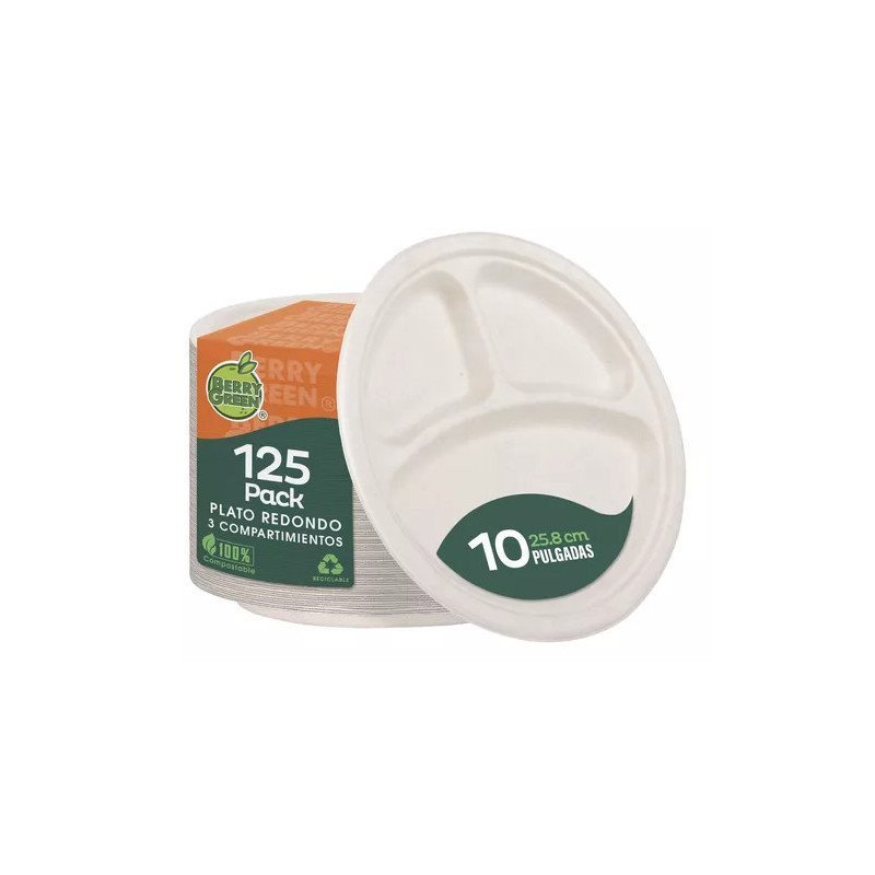 Berry Green 125 Platos Grandes Con Divisiones, 100% Compostables